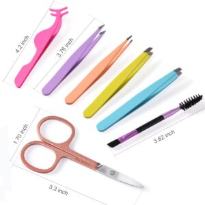 Eyebrow Tweezers Set,Precision Tweezers for Women Eyebrow Grooming Kit with Eyelash Applicator Tool Face Hair Removal Scissors 7pcs in PU Case