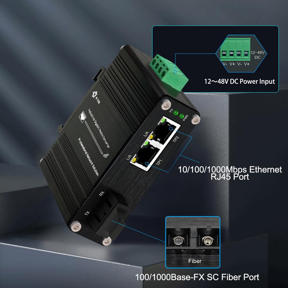 Mini Industrial 2 Ports Gigabit Media Converter Din Rail Mount Hardened Fiber Media Converter Ethernet Media Converter Single Mode 20km with SC Optic + 2 Rj45 Port 12~48V DC Input