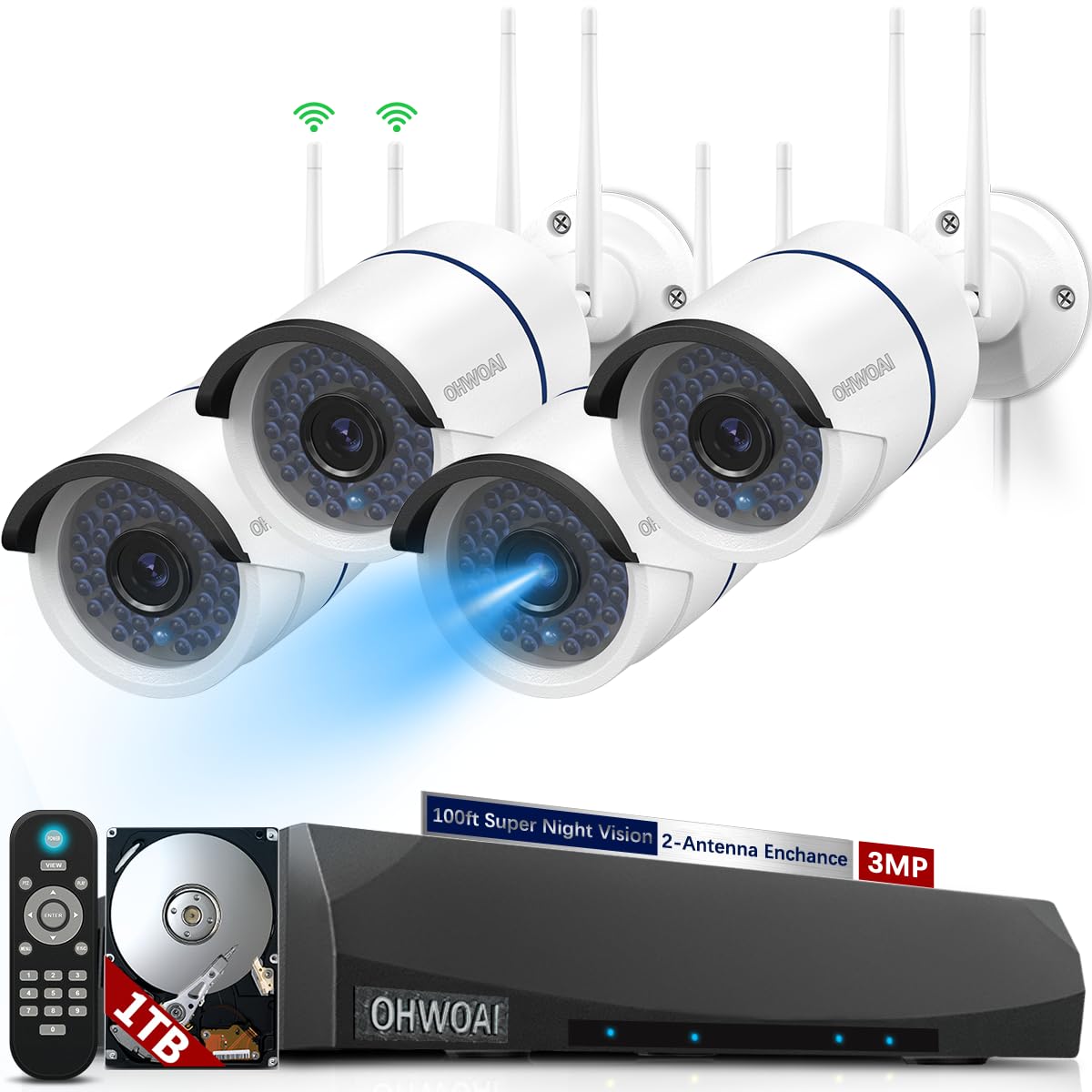 Wireless Security Camera System, Home Video Surveillance,3.0MP Cameras for 24/7 Indoor Outdoor Recording (4Cams)