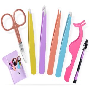 eyebrow tweezers set,precision tweezers for women eyebrow grooming kit with eyelash applicator tool face hair removal scissors 7pcs in pu case