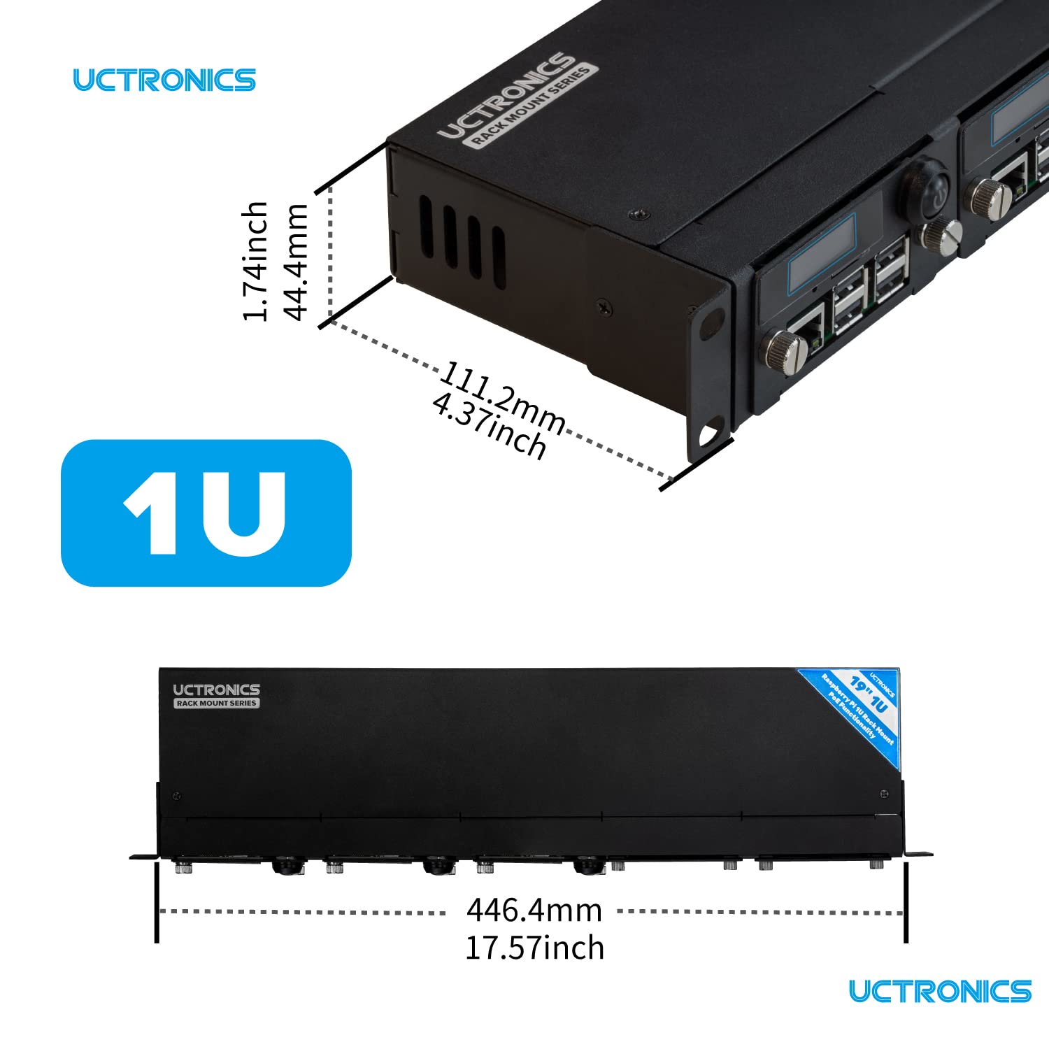 UCTRONICS for Raspberry Pi Rackmount Complete Enclosure 2.0 with PoE Functionality, Front Removable 19" 1U Rack Mount with Captive Screws, Supports Up to 5 RPis, Compatible with Raspberry Pi 4B, 3B+