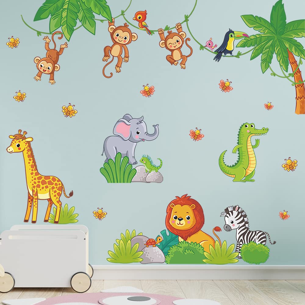 Supzone Jungle Animals Wall Sticker Cartoon Animal Wall Decal Monkey Giraffe Lion Zebra Elephant Wall Decor DIY Vinyl Mural Art for Kids Baby Nursery Bedroom Living Room Playroom