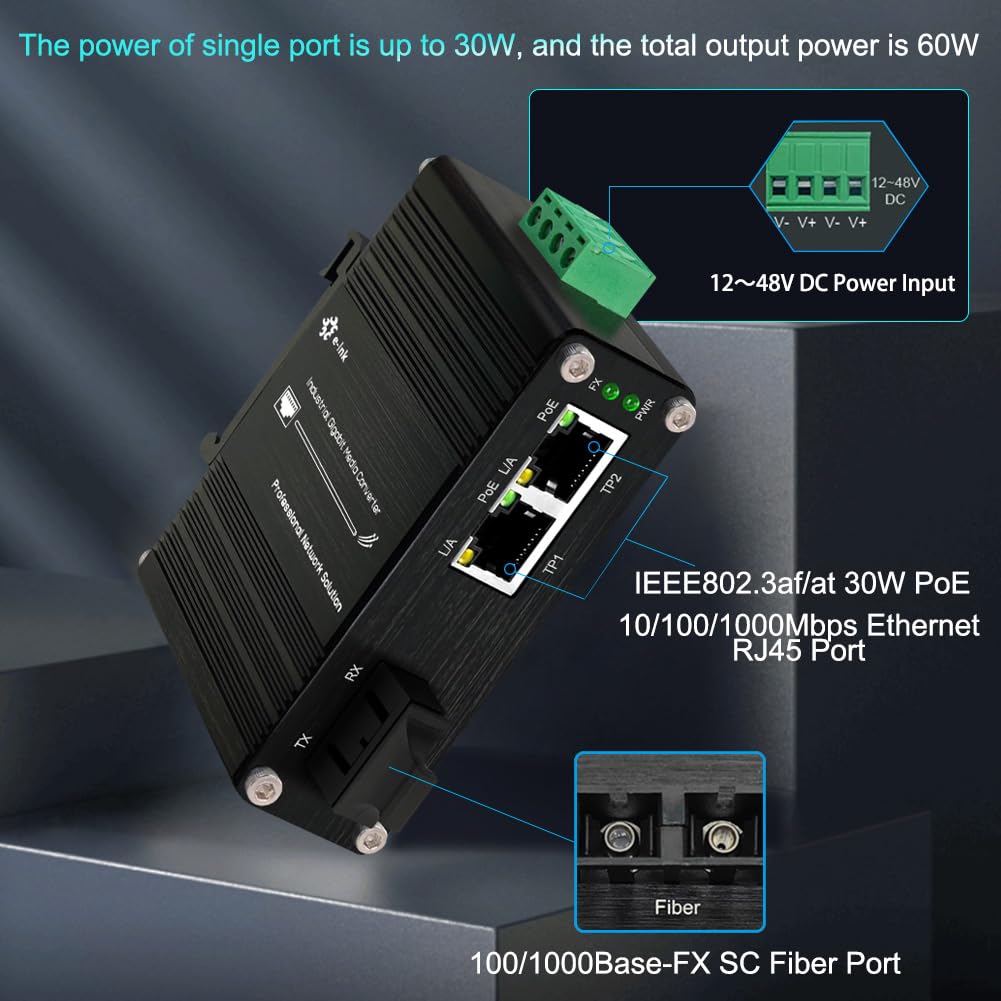 Steloproad Industrial 2 Port Gigabit Multi-Mode Fiber Media Converter Power Over Ethernet Hardened 2 10/100/1000Base-TX PoE Optical Transceiver 802.3af/at 100/1000M SC Transmission Max 550m …