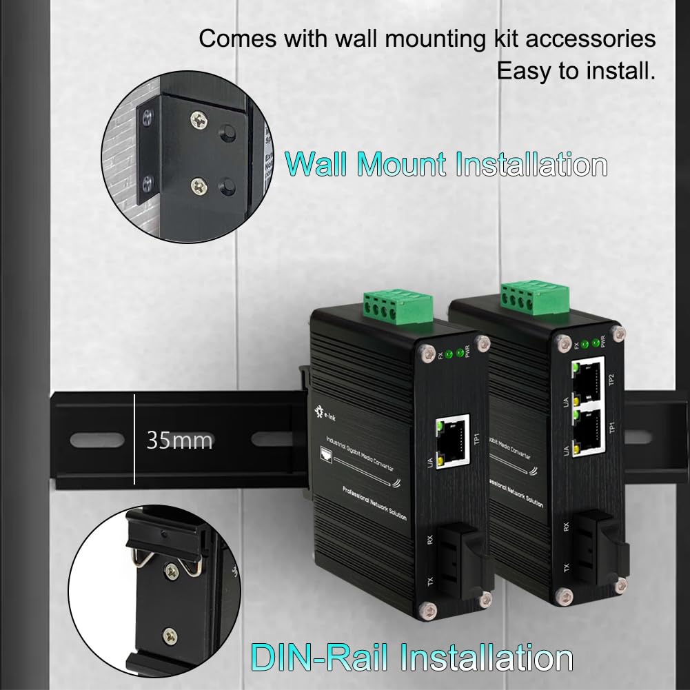 Mini Industrial 2 Ports Gigabit Media Converter Din Rail Mount Hardened Fiber Media Converter Ethernet Media Converter Single Mode 20km with SC Optic + 2 Rj45 Port 12~48V DC Input