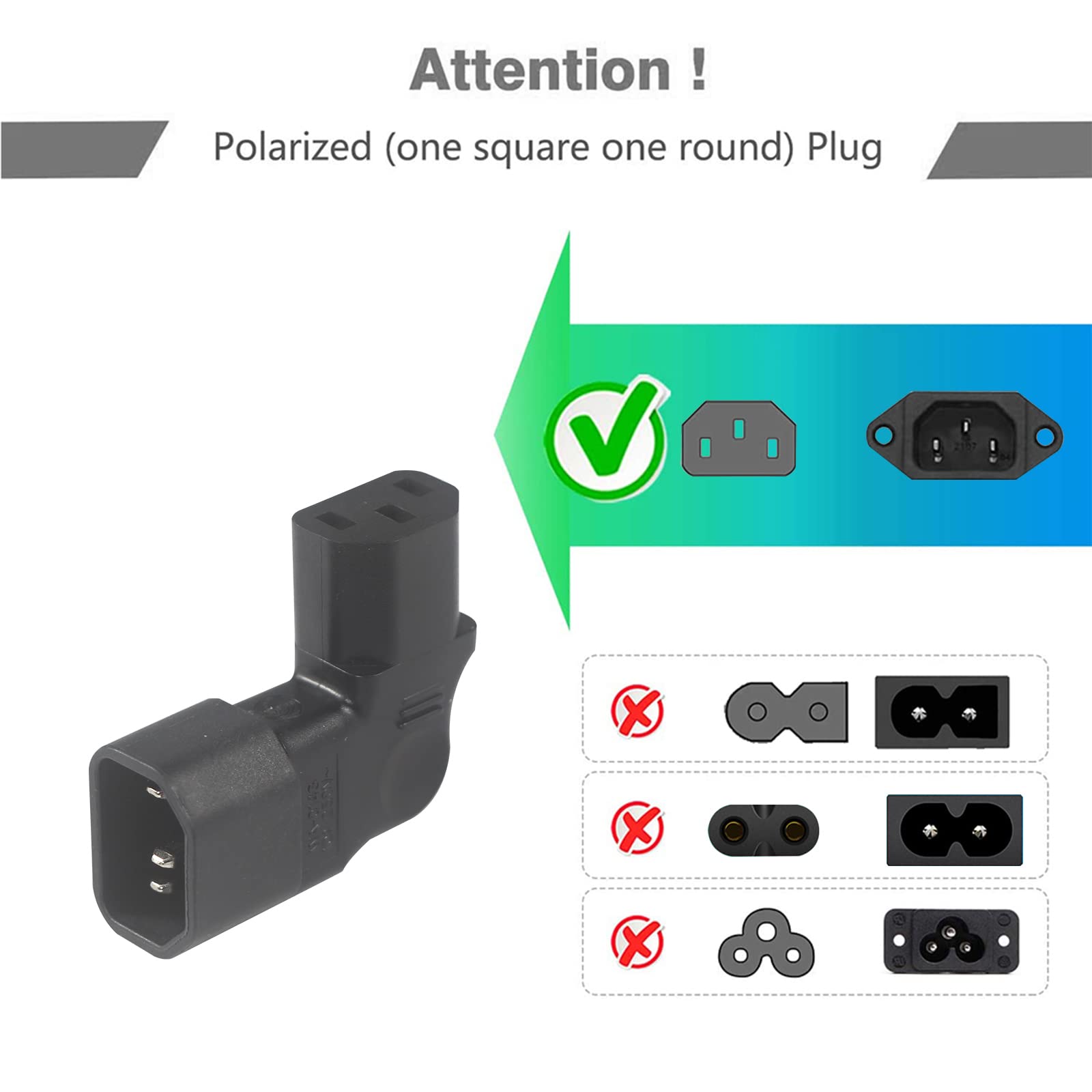 QIUCABLE Left Angle IEC Adapter, C14 Male to C13 Female, 90 Degree Plug, 250V AC, 10A Max, 100% Pure Copper, PVC Jacket