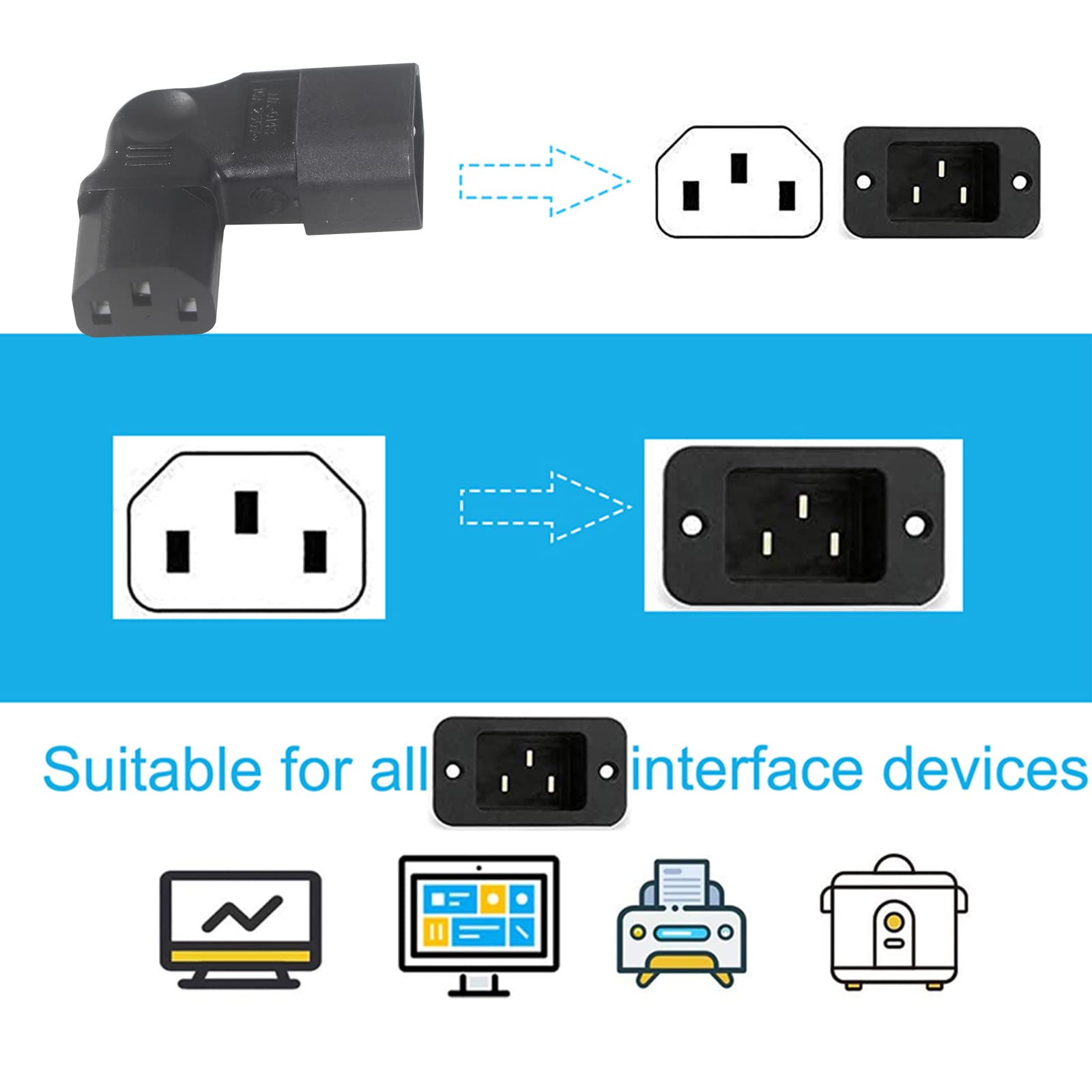 QIUCABLE Left Angle IEC Adapter, C14 Male to C13 Female, 90 Degree Plug, 250V AC, 10A Max, 100% Pure Copper, PVC Jacket