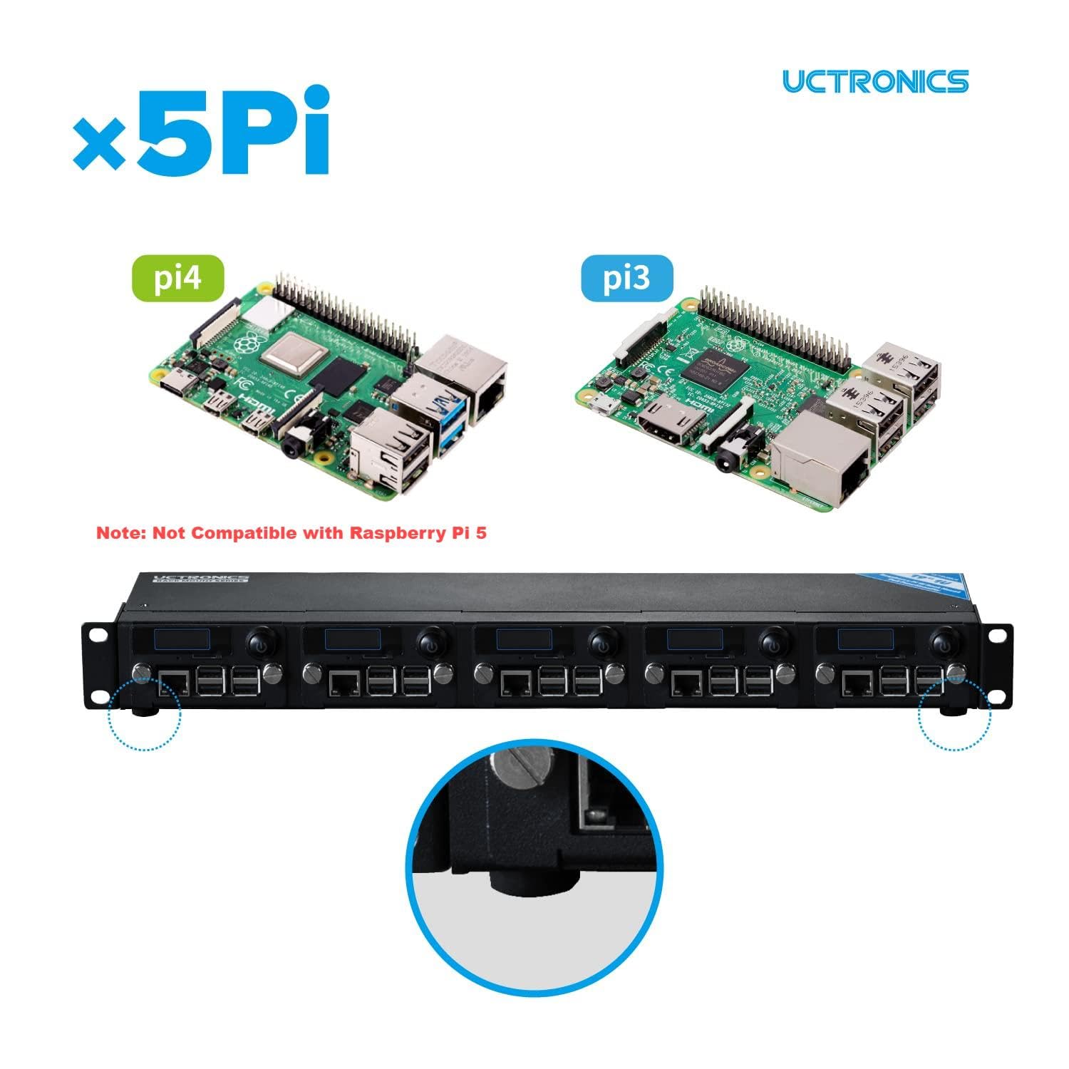 UCTRONICS for Raspberry Pi Rackmount Complete Enclosure 2.0 with PoE Functionality, Front Removable 19" 1U Rack Mount with Captive Screws, Supports Up to 5 RPis, Compatible with Raspberry Pi 4B, 3B+