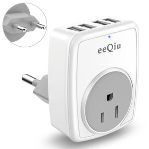 european travel plug adapter, eeqiu international travel adapter with 4 usb ports, american outlets - 5 in 1 european plug adapter for us to europe eu country like germany, spain, italy, france.