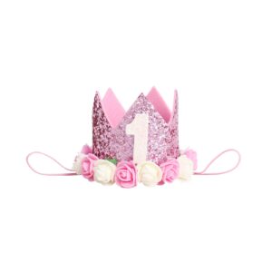 Baby Girl's My 1st Birthday Outfit Flower Printed Cotton Short Sleeve Romper Bodysuit Princess Tutu Tulle Skirt Crown Headband 3pcs Set One Year Old Party Cake Smash Photo Shooting Props Pink