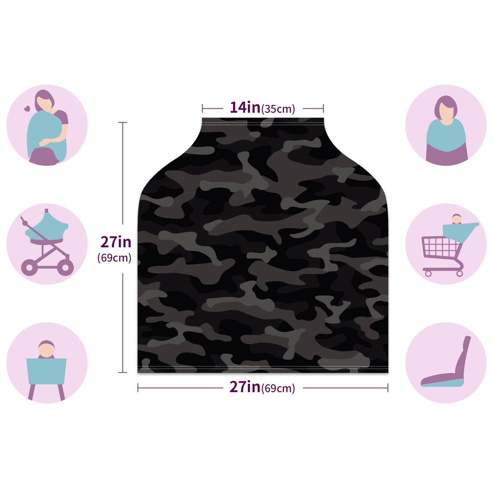 Baby Car Seat Stroller Covers Black and Grey Camouflage Nursing Cover Breastfeeding Scarf Soft Breathable Stretchy Coverage Carseat Canopy Cover for Boys and Girls Multi Use