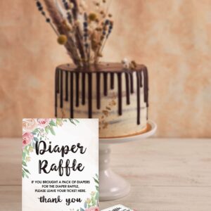 Diaper Raffle Baby Shower Game Set(1 Standing Sign + 50 Guessing Cards), Floral Greenery Diaper Raffle Tickets for Baby Shower, Blush Pink Baby Shower Party Favor Decor - A08