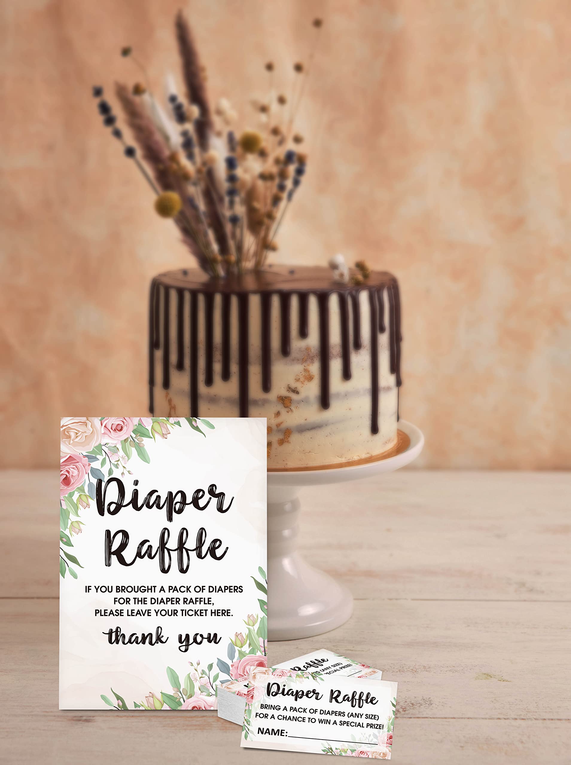 Diaper Raffle Baby Shower Game Set(1 Standing Sign + 50 Guessing Cards), Floral Greenery Diaper Raffle Tickets for Baby Shower, Blush Pink Baby Shower Party Favor Decor - A08