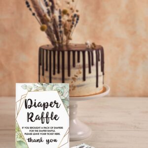 Diaper Raffle Baby Shower Game Set(1 Standing Sign + 50 Guessing Cards), Greenery Diaper Raffle Tickets for Baby Shower, Gold Foil Baby Shower Party Favor Decor - A13