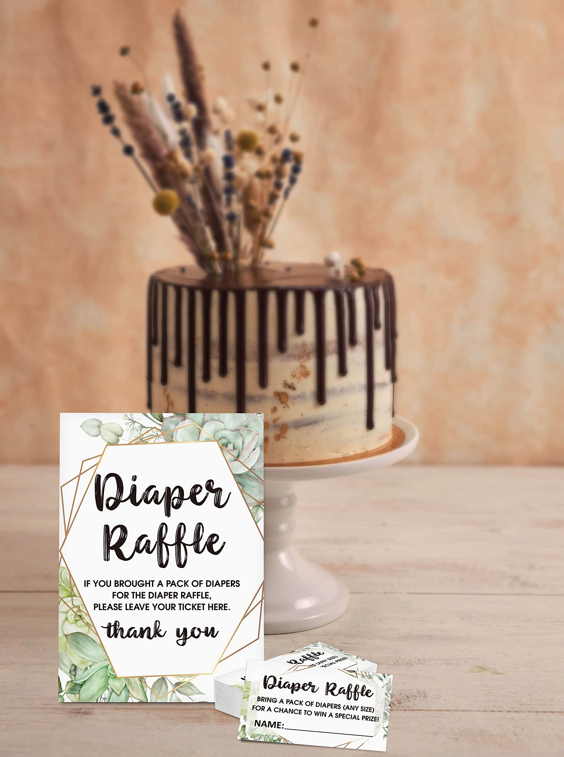 Diaper Raffle Baby Shower Game Set(1 Standing Sign + 50 Guessing Cards), Greenery Diaper Raffle Tickets for Baby Shower, Gold Foil Baby Shower Party Favor Decor - A13