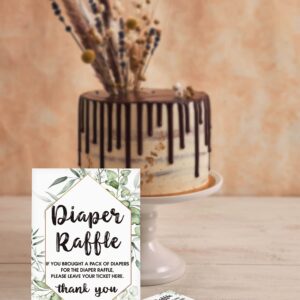 Diaper Raffle Baby Shower Game Set(1 Standing Sign + 50 Guessing Cards), Greenery Diaper Raffle Tickets for Baby Shower, Gold Foil Baby Shower Party Favor Decor - A12