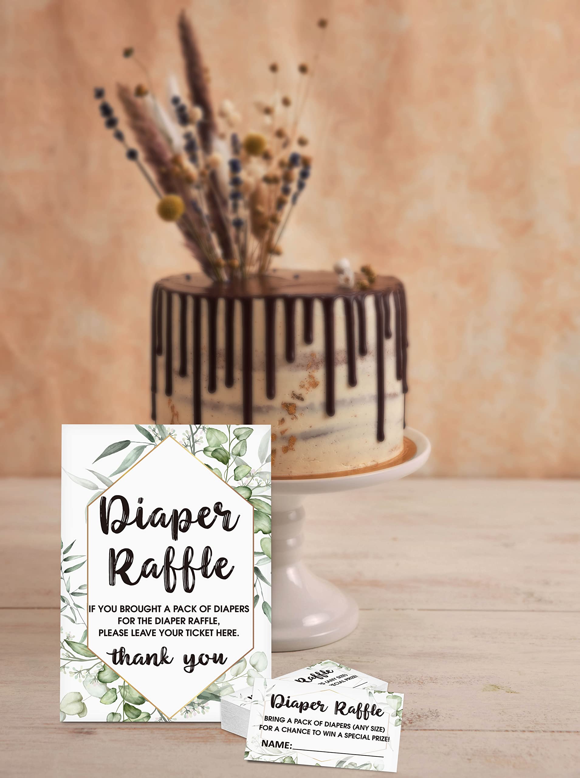 Diaper Raffle Baby Shower Game Set(1 Standing Sign + 50 Guessing Cards), Greenery Diaper Raffle Tickets for Baby Shower, Gold Foil Baby Shower Party Favor Decor - A12