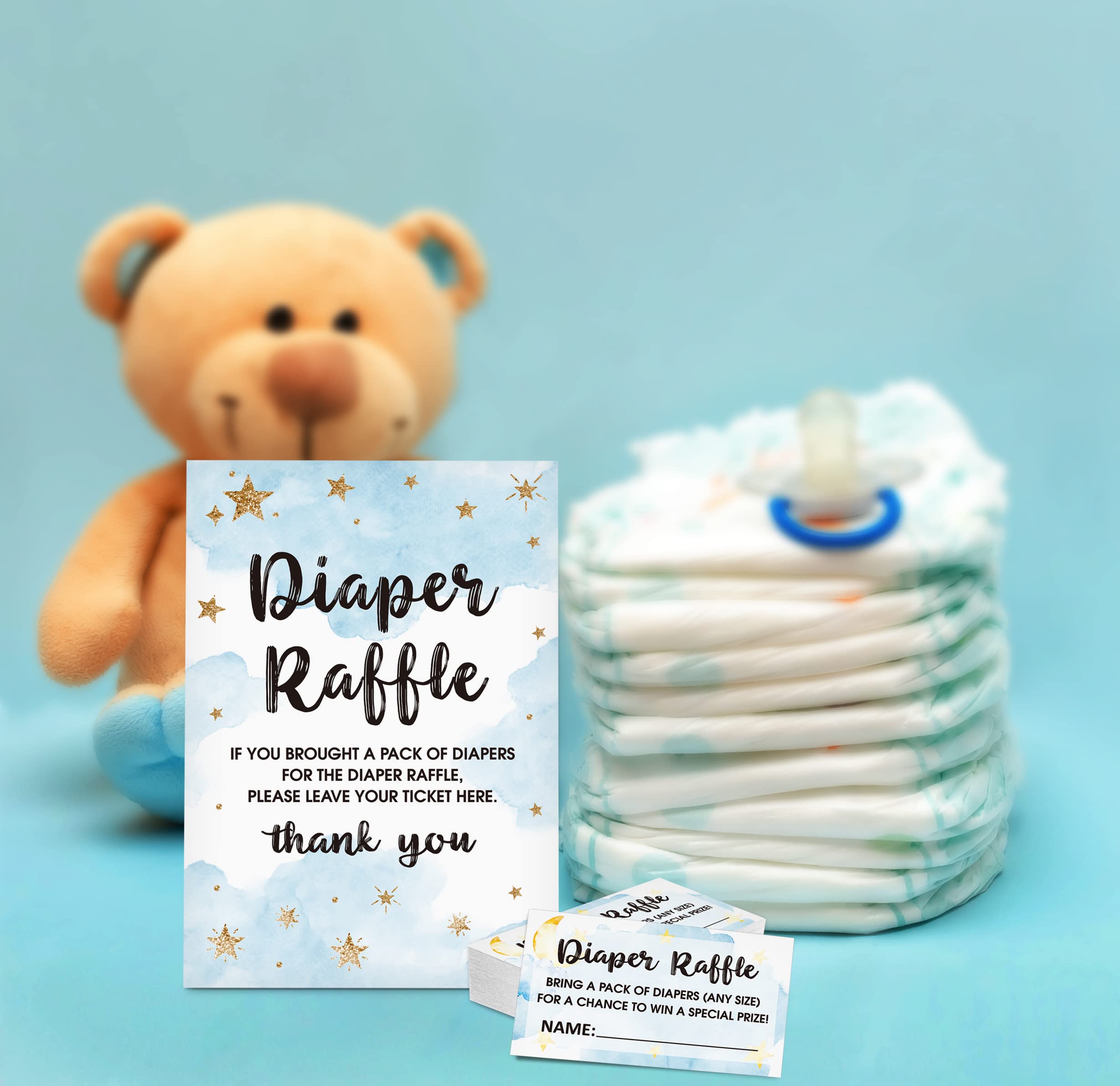 Gihyan Diaper Raffle Baby Shower Game Set(1 Standing Sign + 50 Guessing Cards), Moon and Star Diaper Raffle Tickets for Baby Shower, Twinkle Twinkle Little Star Baby Shower Party Favor Decor - A24