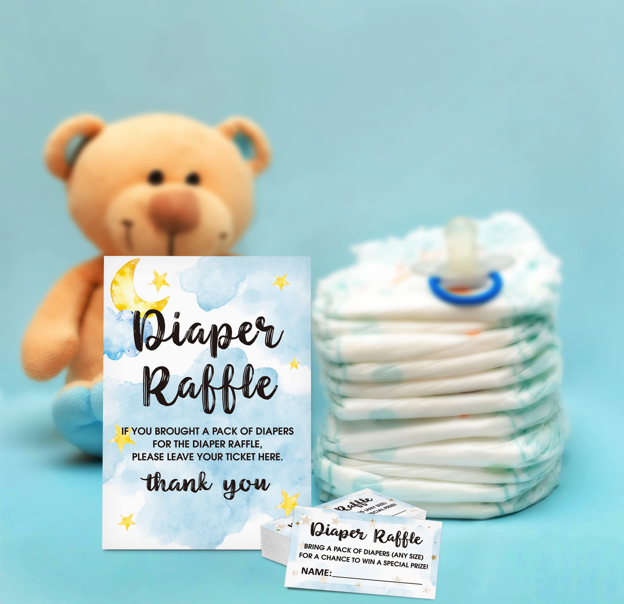 Gihyan Diaper Raffle Baby Shower Game Set(1 Standing Sign + 50 Guessing Cards), Moon and Star Diaper Raffle Tickets for Baby Shower, Twinkle Twinkle Little Star Baby Shower Party Favor Decor - A25