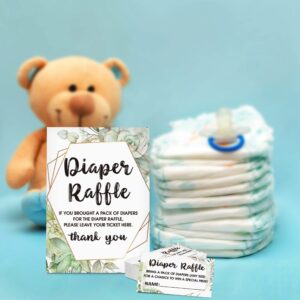 Diaper Raffle Baby Shower Game Set(1 Standing Sign + 50 Guessing Cards), Greenery Diaper Raffle Tickets for Baby Shower, Gold Foil Baby Shower Party Favor Decor - A13