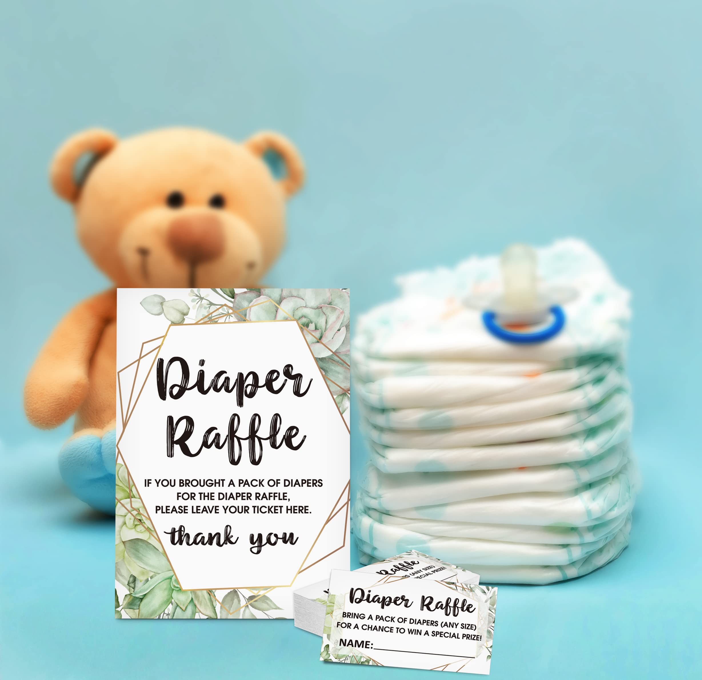 Diaper Raffle Baby Shower Game Set(1 Standing Sign + 50 Guessing Cards), Greenery Diaper Raffle Tickets for Baby Shower, Gold Foil Baby Shower Party Favor Decor - A13