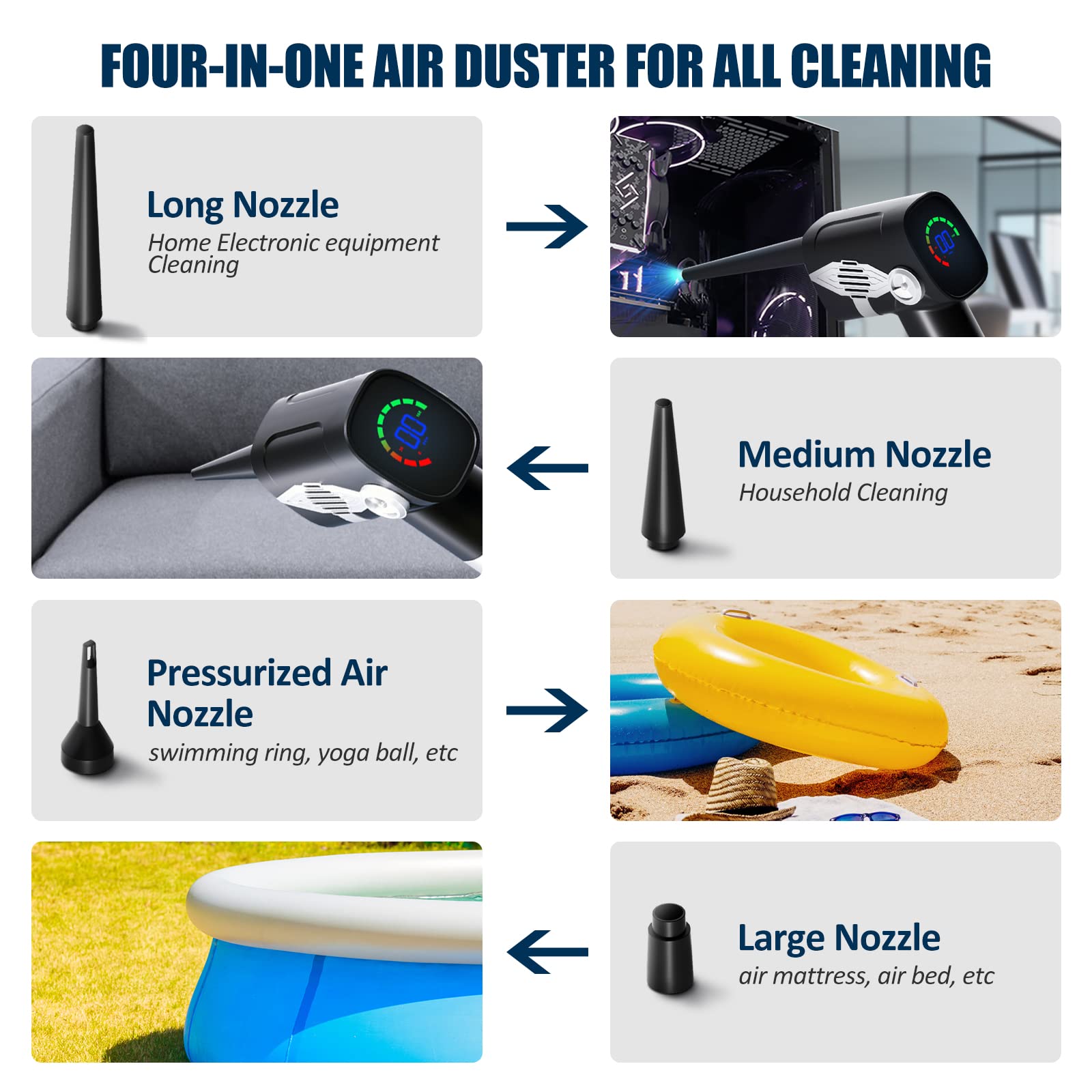 BHNDOING Compressed Air Duster, Upgraded Version Air Duster for Computers Cleaning with LED and 3-Speed Adjustment Mode, Powerful 40000 RPM, 6000mAh Rechargeable, Replaces Compressed Air Cans