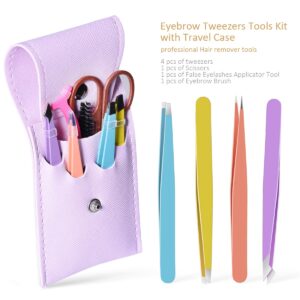 Eyebrow Tweezers Set,Precision Tweezers for Women Eyebrow Grooming Kit with Eyelash Applicator Tool Face Hair Removal Scissors 7pcs in PU Case