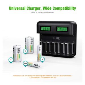 EBL LCD Universal Battery Charger with EBL Rechargeable Batteries Purple Super Power Battery Box Kit Include : 12 AA Batteries + 8 AAA Batteries +2pcs C/D Adapters