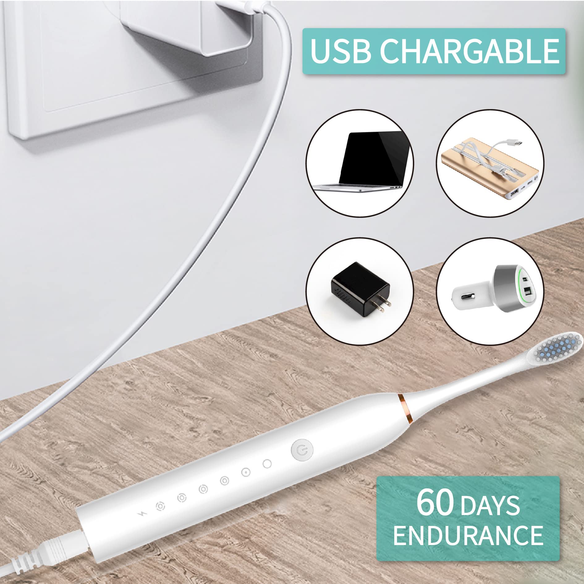 WQSS AOEIU KANGWeite Sonic Electric Toothbrushes USB Rechargeable Ultrasonic Tooth Brush with 4 Brush Heads 6 Cleaning Modes and Smart Timer IPX7 Waterproof Cleaning Toothbrushes for Adults and Kids