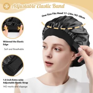 Hafree Silk Satin Bonnet, Hair Wrap Adjustable Sleep Cap with 2 Pieces of Scrunchies for Women Men Double Layer Lined Bonnets for Curly Braid Hair (Black)