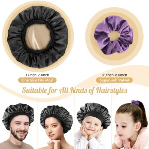 Hafree Silk Satin Bonnet, Hair Wrap Adjustable Sleep Cap with 2 Pieces of Scrunchies for Women Men Double Layer Lined Bonnets for Curly Braid Hair (Black)