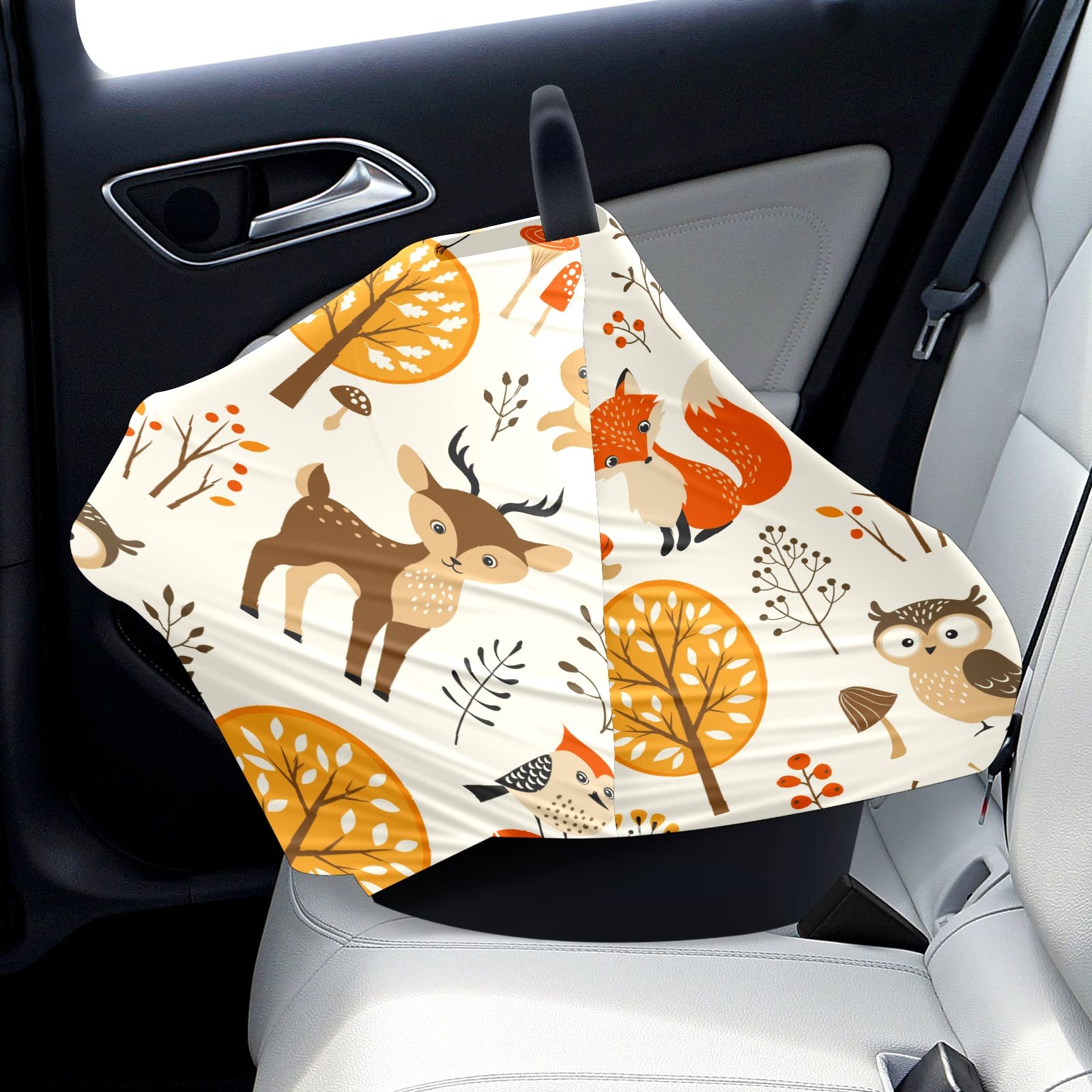 Baby Car Seat Stroller Covers Fox Owl Deer Rabbit Bird Nursing Cover Breastfeeding Scarf Soft Breathable Stretchy Coverage Carseat Canopy Cover for Boys and Girls Multi Use for Baby Shower