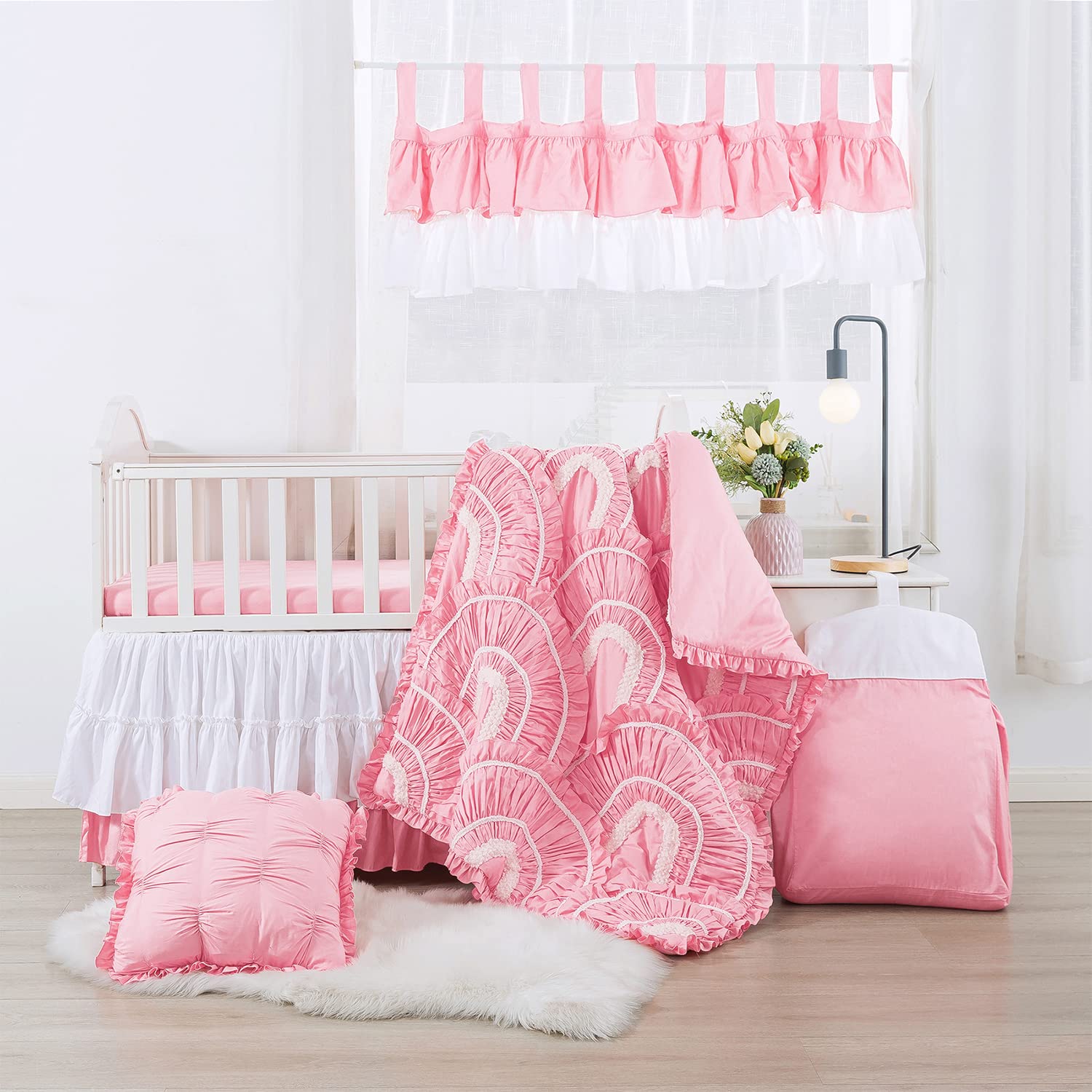 6 Pieces 100percent Cotton Toddler Crib Bedding Sets for Girls Pinch Pleat Lightweight Baby Comforter Set Dust Ruffle White Pink Pink and White