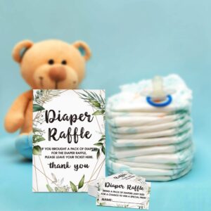 Diaper Raffle Baby Shower Game Set(1 Standing Sign + 50 Guessing Cards), Greenery Diaper Raffle Tickets for Baby Shower, Gold Foil Baby Shower Party Favor Decor - A14