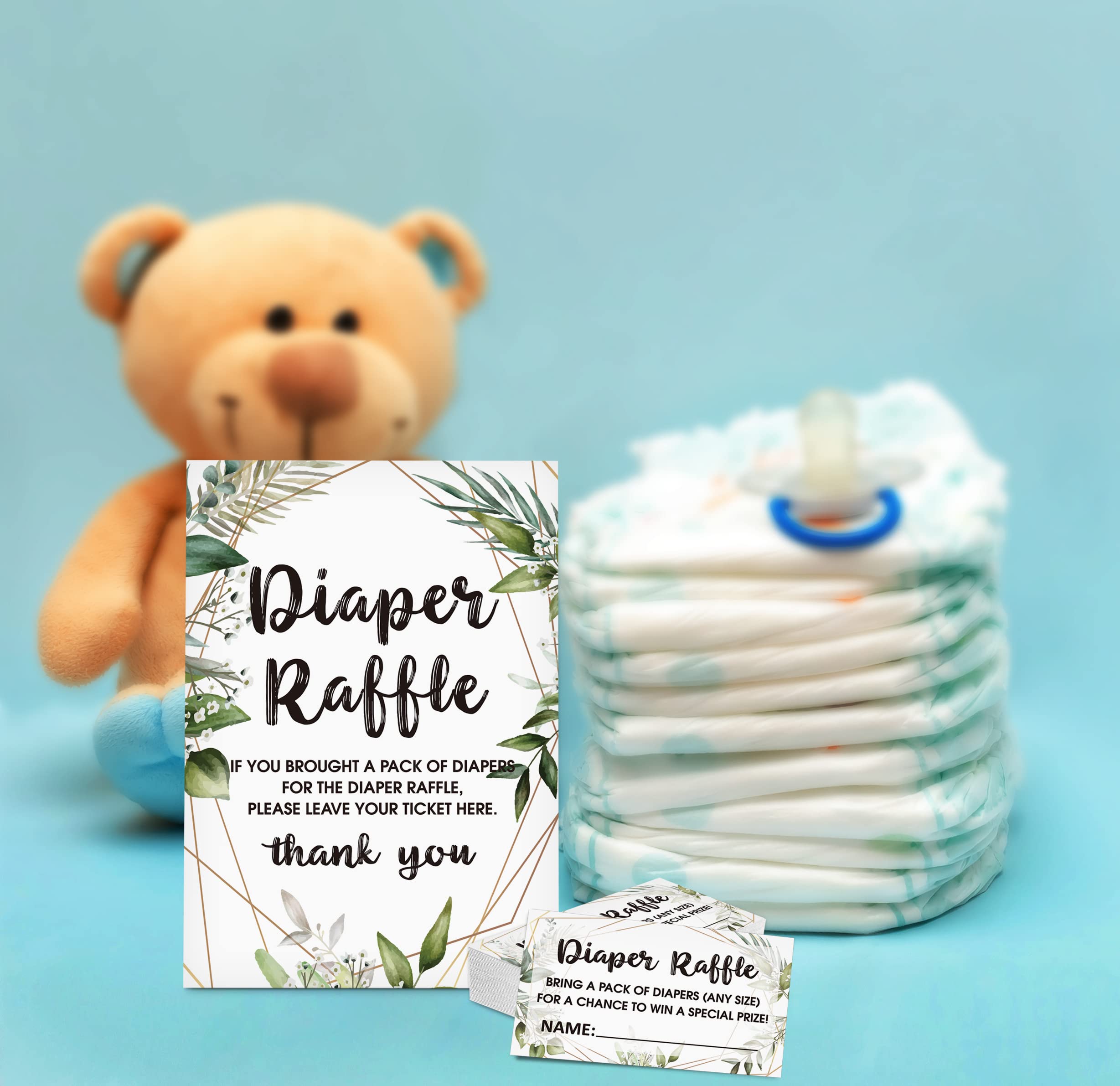 Diaper Raffle Baby Shower Game Set(1 Standing Sign + 50 Guessing Cards), Greenery Diaper Raffle Tickets for Baby Shower, Gold Foil Baby Shower Party Favor Decor - A14