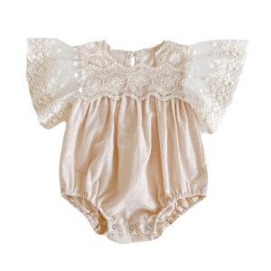 hoolchean baby girls summer lace big flutter sleeves loose bodysuit for photo shoot (apricot, 66: 0-6 months)