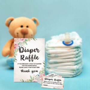 Diaper Raffle Baby Shower Game Set(1 Standing Sign + 50 Guessing Cards), Floral Greenery Diaper Raffle Tickets for Baby Shower, Blush Pink Baby Shower Party Favor Decor - A08