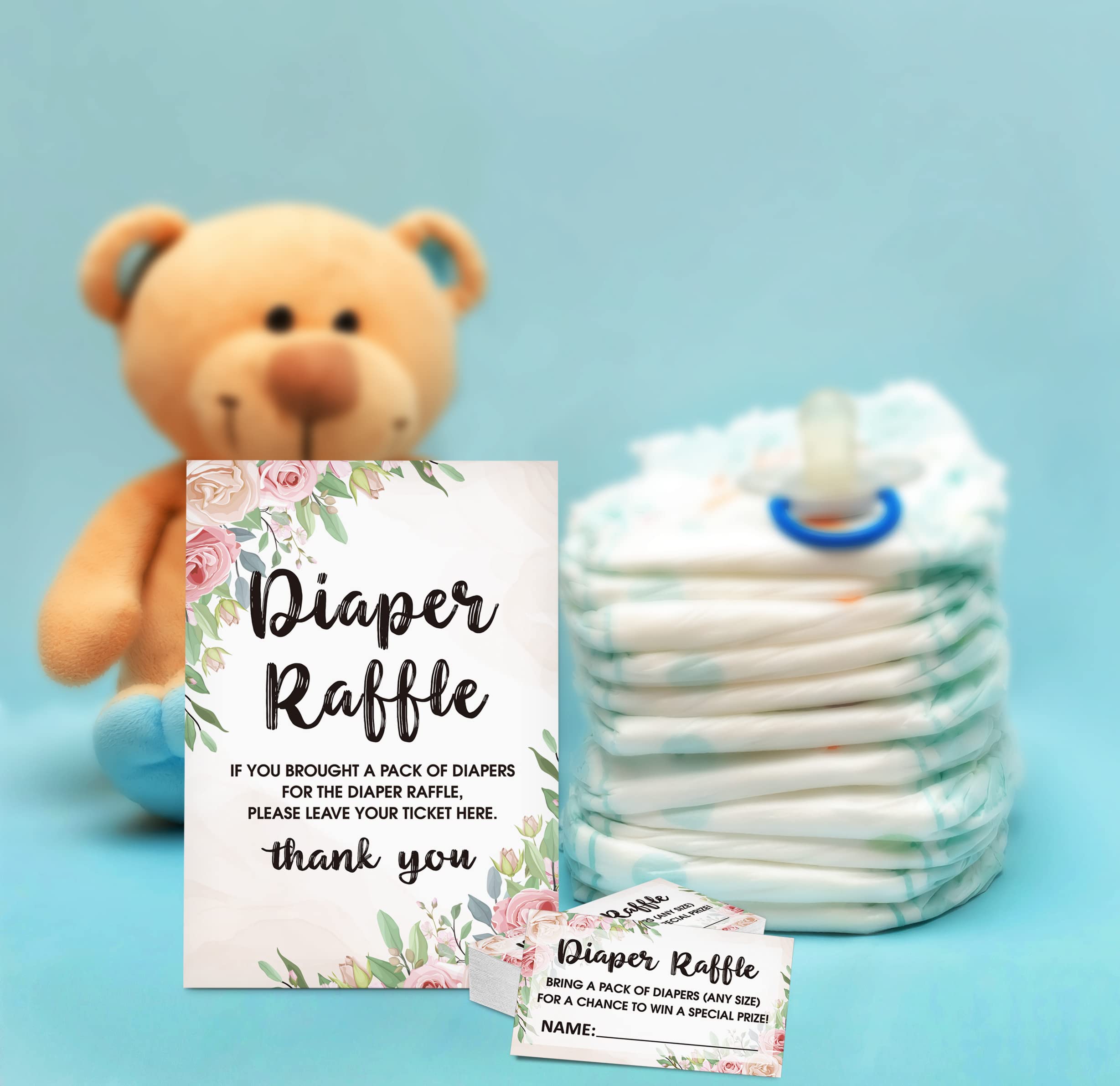 Diaper Raffle Baby Shower Game Set(1 Standing Sign + 50 Guessing Cards), Floral Greenery Diaper Raffle Tickets for Baby Shower, Blush Pink Baby Shower Party Favor Decor - A08