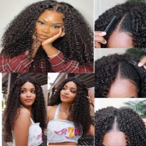 Ainmeys Curly V Part Wigs Brazilian Kinky Curly Human Hair Wigs for Black Women V Shape Wigs No Leave Out Lace Front Wigs Upgrade U Part Wigs Glueless Full Head Clip In Half Wigs(16IN 180% Density)