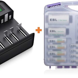 EBL LCD Universal Battery Charger with EBL Rechargeable Batteries Purple Super Power Battery Box Kit Include : 12 AA Batteries + 8 AAA Batteries +2pcs C/D Adapters