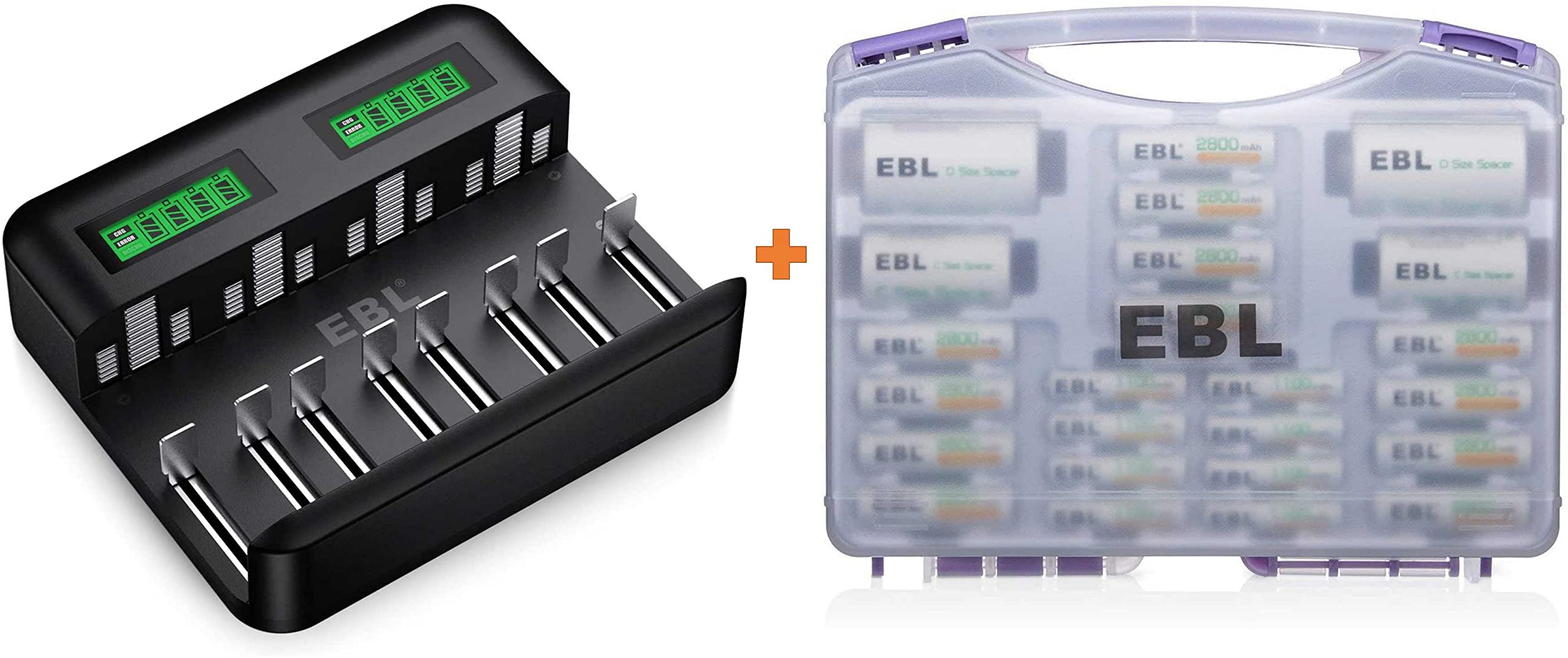 EBL LCD Universal Battery Charger with EBL Rechargeable Batteries Purple Super Power Battery Box Kit Include : 12 AA Batteries + 8 AAA Batteries +2pcs C/D Adapters