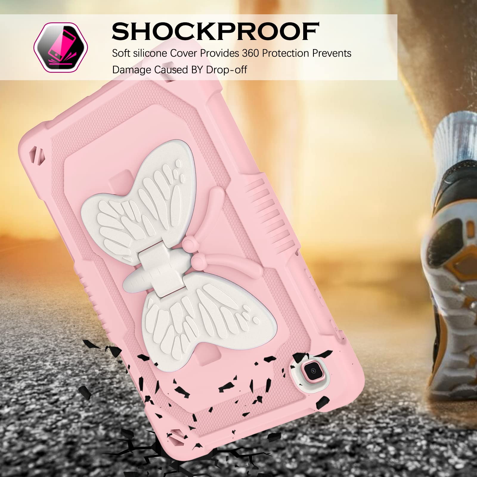 YINLAI Case for Samsung Galaxy Tab A7 Lite, Tab A7 Lite Case 8.7 Inch Silicone Kids Girls with Butterfly Kickstand Shockproof Protective Tablet Cover for Samsung Tab A7 Lite SM-T225/T220/T227, Pink