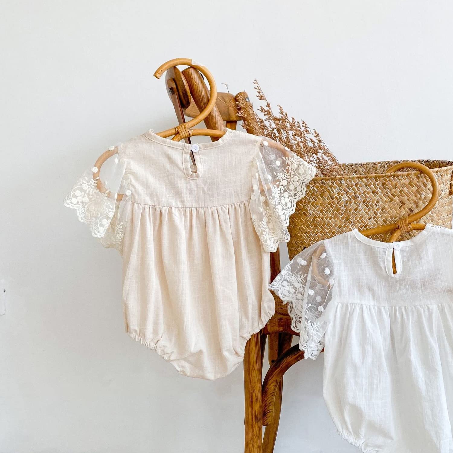 HOOLCHEAN Baby Girls Summer Lace Big Flutter Sleeves Loose Bodysuit for Photo Shoot (Apricot, 66: 0-6 Months)