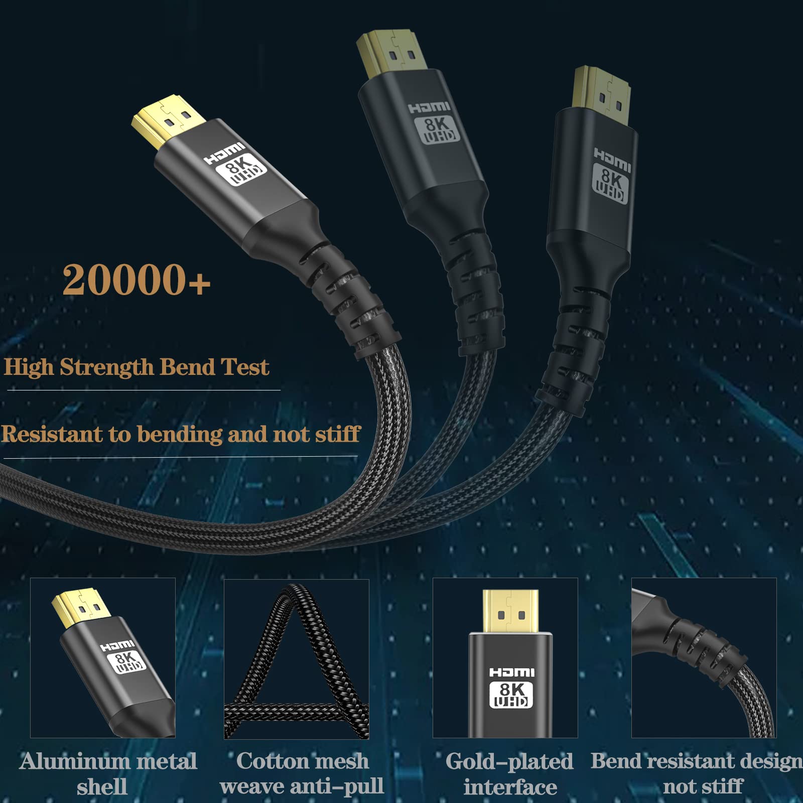 Soonsoonic HDMI 2.1 Cable 40 Ft 8K 48Gbps Ultra High Speed Cables & 8K@60Hz 4K@120Hz 144Hz eARC Dynamic HDR 3D HDCP2.2&2.3 HDMI Cord | for HDTV Monitor RTX 3090 Xbox Series X PS5 ect (12M)