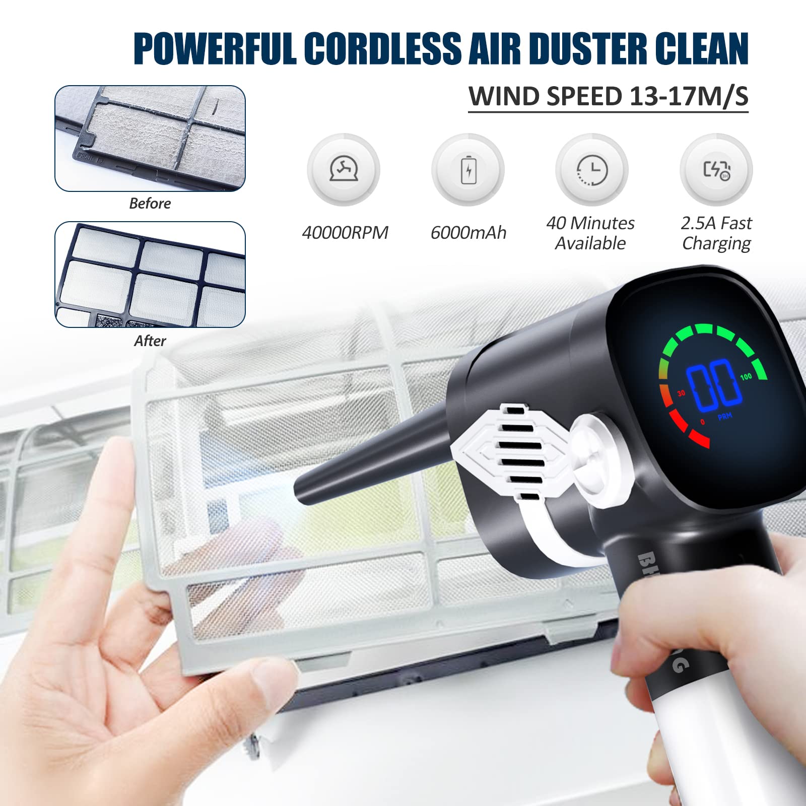 BHNDOING Compressed Air Duster, Upgraded Version Air Duster for Computers Cleaning with LED and 3-Speed Adjustment Mode, Powerful 40000 RPM, 6000mAh Rechargeable, Replaces Compressed Air Cans