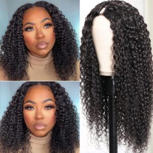 ainmeys curly v part wigs brazilian kinky curly human hair wigs for black women v shape wigs no leave out lace front wigs upgrade u part wigs glueless full head clip in half wigs(16in 180% density)