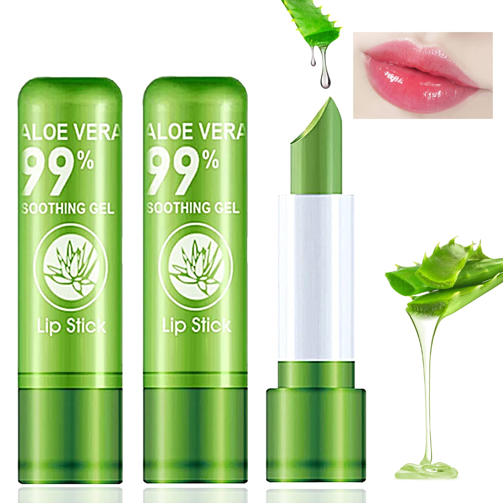 3 Pieces Aloe Vera Lipstick,Long Lasting Moisturizing Lip Balm,Nourishing Lip stick,Lipstick,Lip Balm,Magic Temp Color Change,Waterproof Lip Gloss Matte Makeup