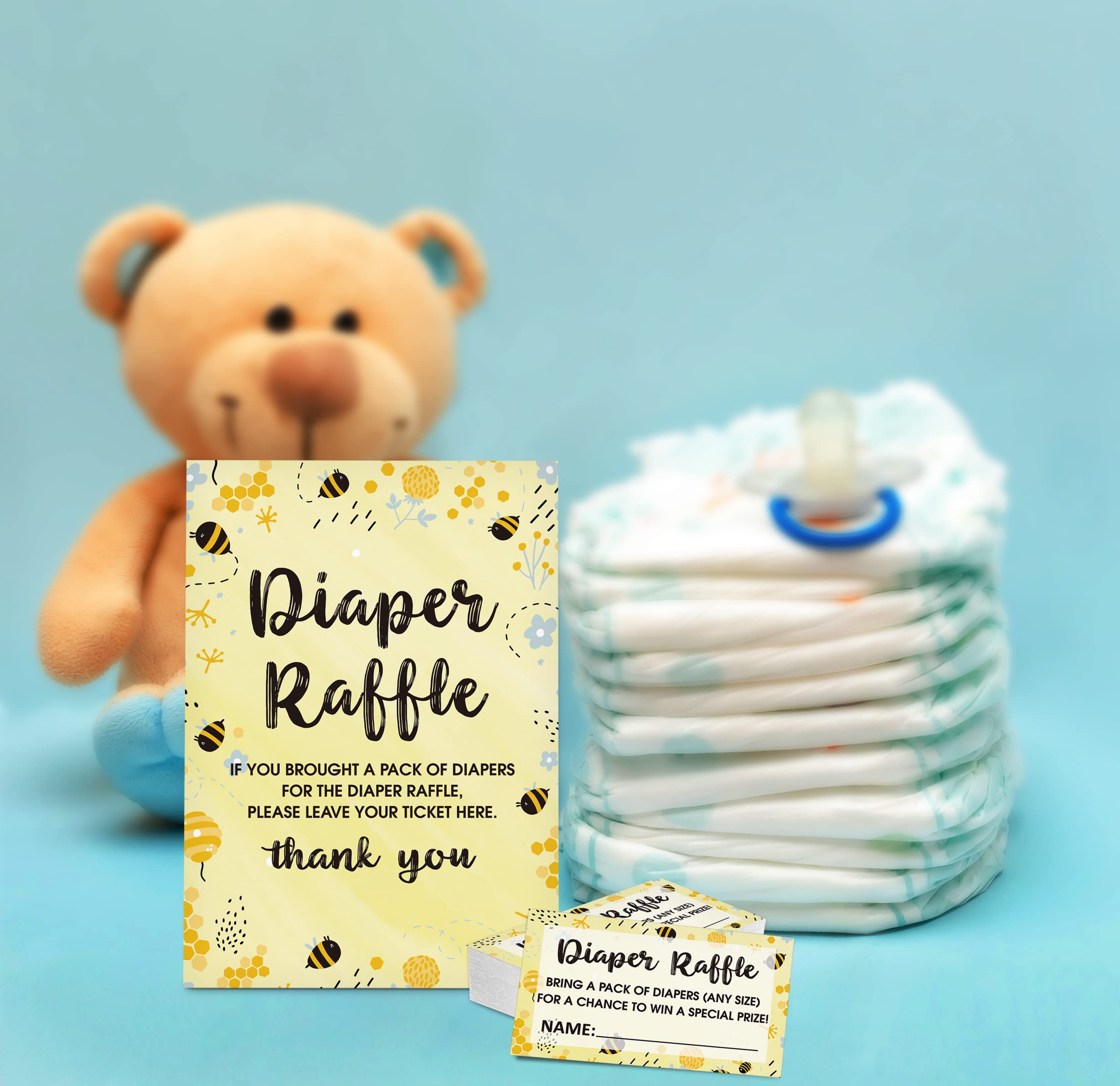 Gihyan Diaper Raffle Baby Shower Game Set(1 Standing Sign + 50 Guessing Cards), Bumble Bee Diaper Raffle Tickets for Baby Shower, Honey Honeycomb Baby Shower Party Favor Decor - A20