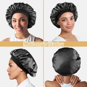 Hafree Silk Satin Bonnet, Hair Wrap Adjustable Sleep Cap with 2 Pieces of Scrunchies for Women Men Double Layer Lined Bonnets for Curly Braid Hair (Black)