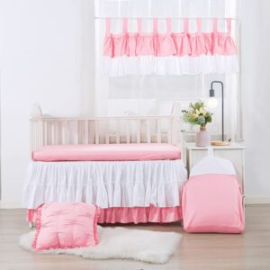 6 Pieces 100percent Cotton Toddler Crib Bedding Sets for Girls Pinch Pleat Lightweight Baby Comforter Set Dust Ruffle White Pink Pink and White