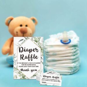 Diaper Raffle Baby Shower Game Set(1 Standing Sign + 50 Guessing Cards), Greenery Diaper Raffle Tickets for Baby Shower, Gold Foil Baby Shower Party Favor Decor - A12